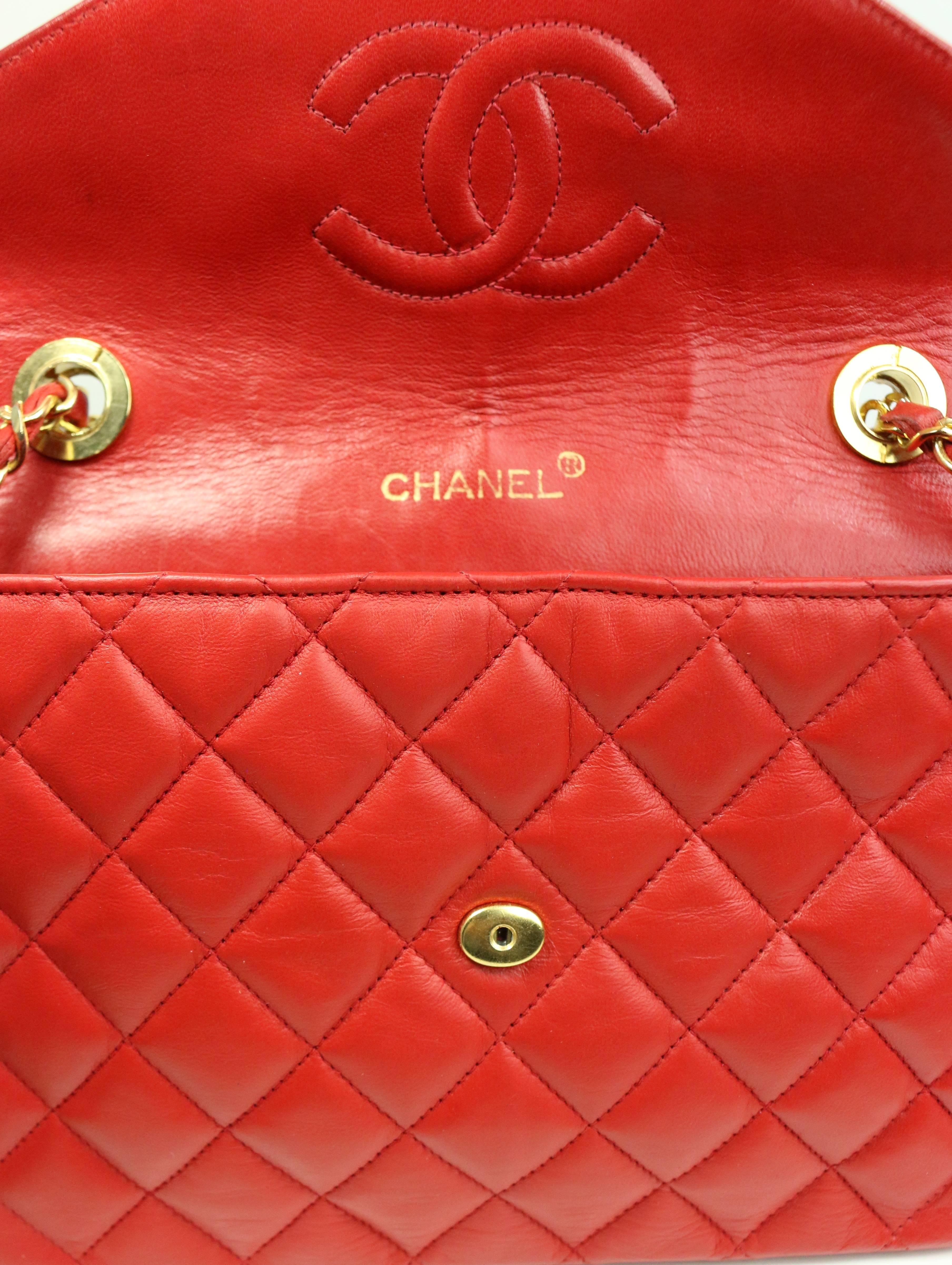Chanel Classic Red Quilted Lambskin Leather "CC" Rhinestones Flap ...