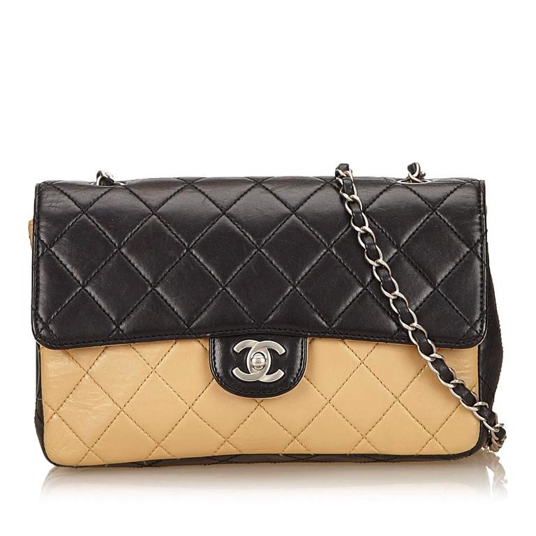Chanel Back and Beige Quilted Lambskin Matelassé Shoulder Flap Bag at ...