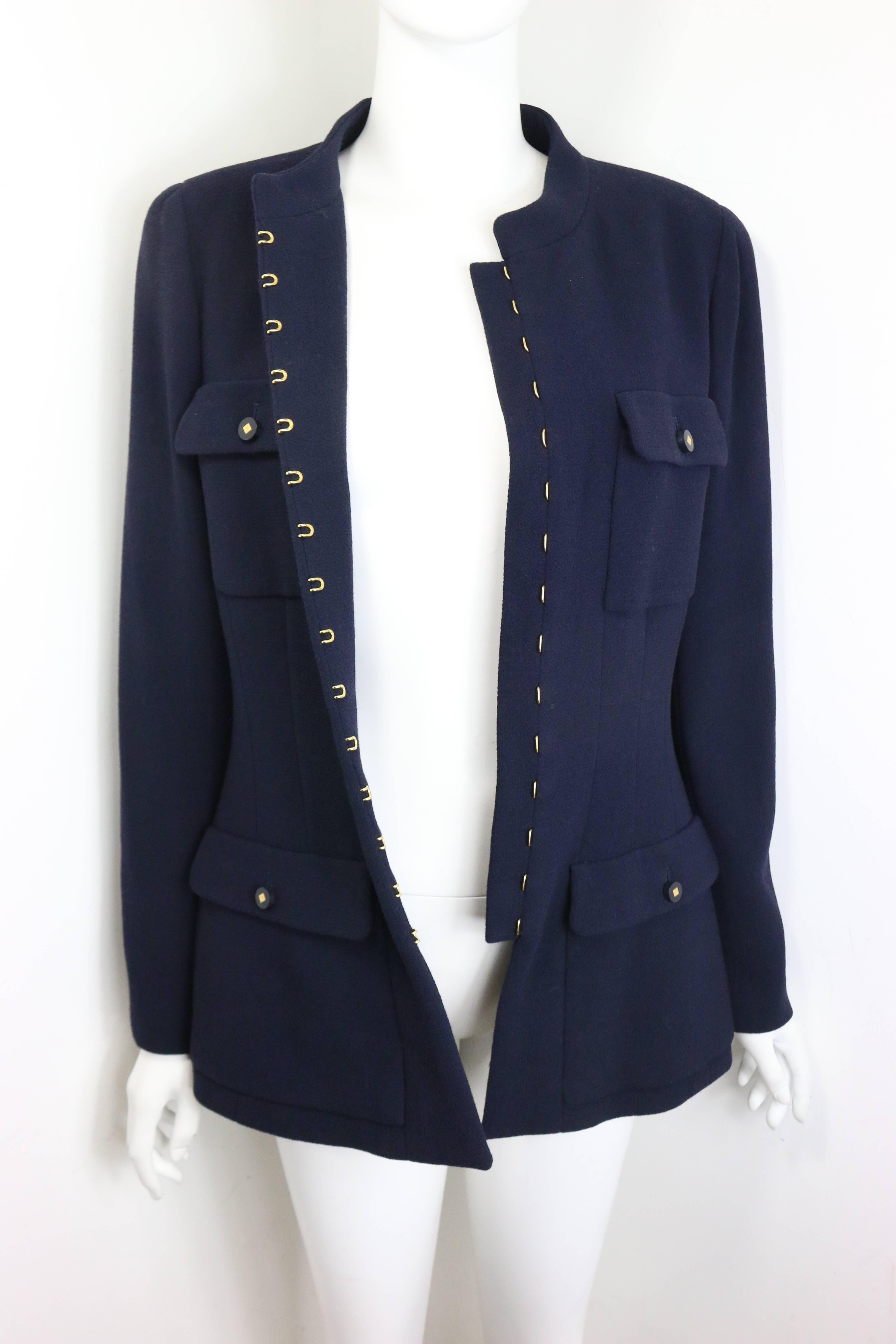 Chanel Dark Navy Military Inspired Style Mandarin Collar Wool Jacket at ...