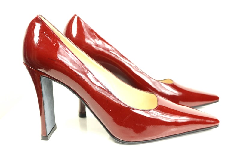 Unworn Vintage Chanel Burgundy Patent Leather Heels Pumps. For Sale at ...