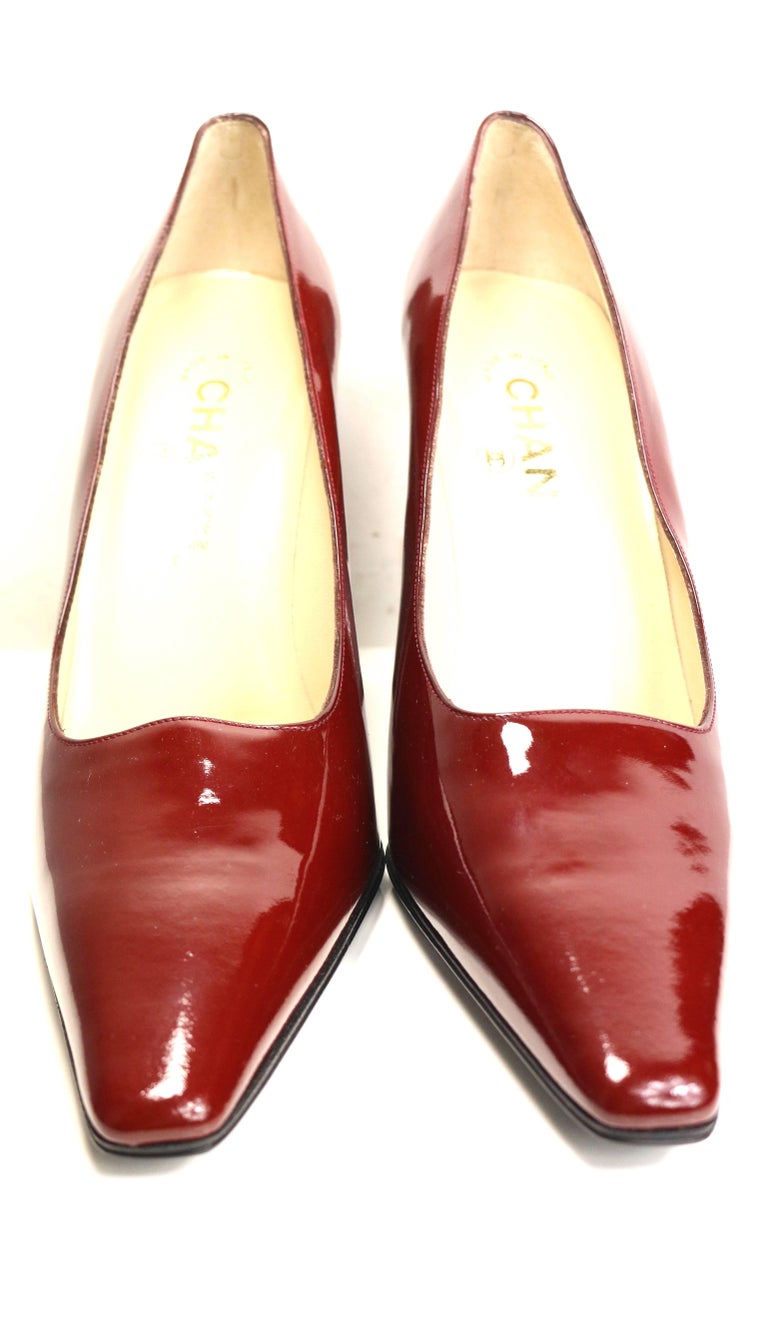 Unworn Vintage Chanel Burgundy Patent Leather Heels Pumps. For Sale at ...