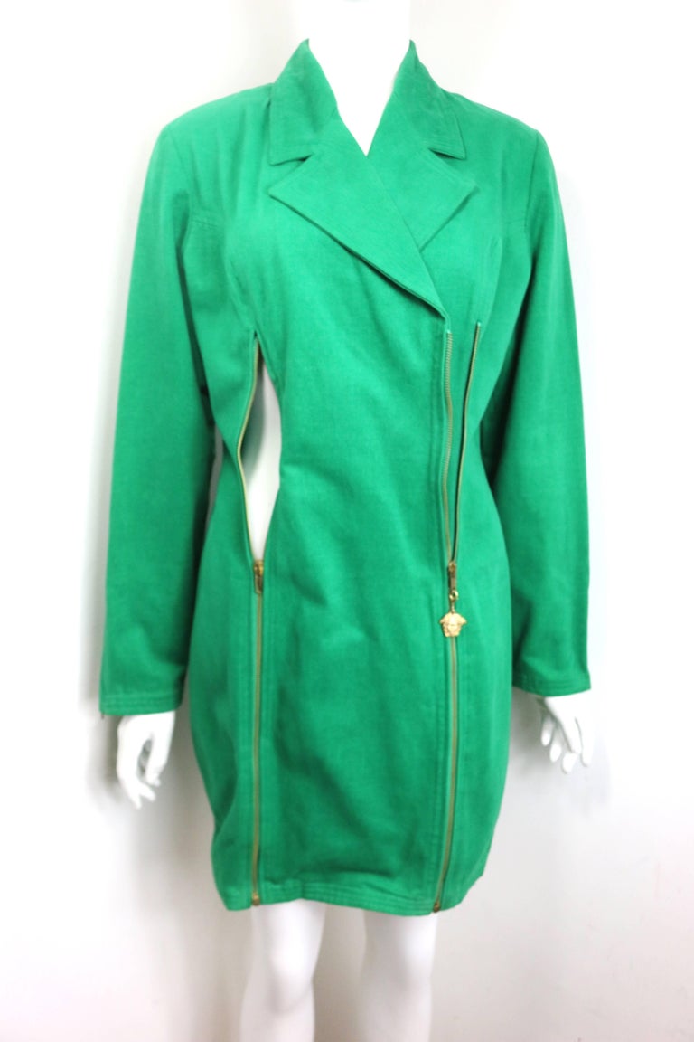 90s Gianni Versace Jeans Couture Green Double Breasted Long Zip Jacket ...