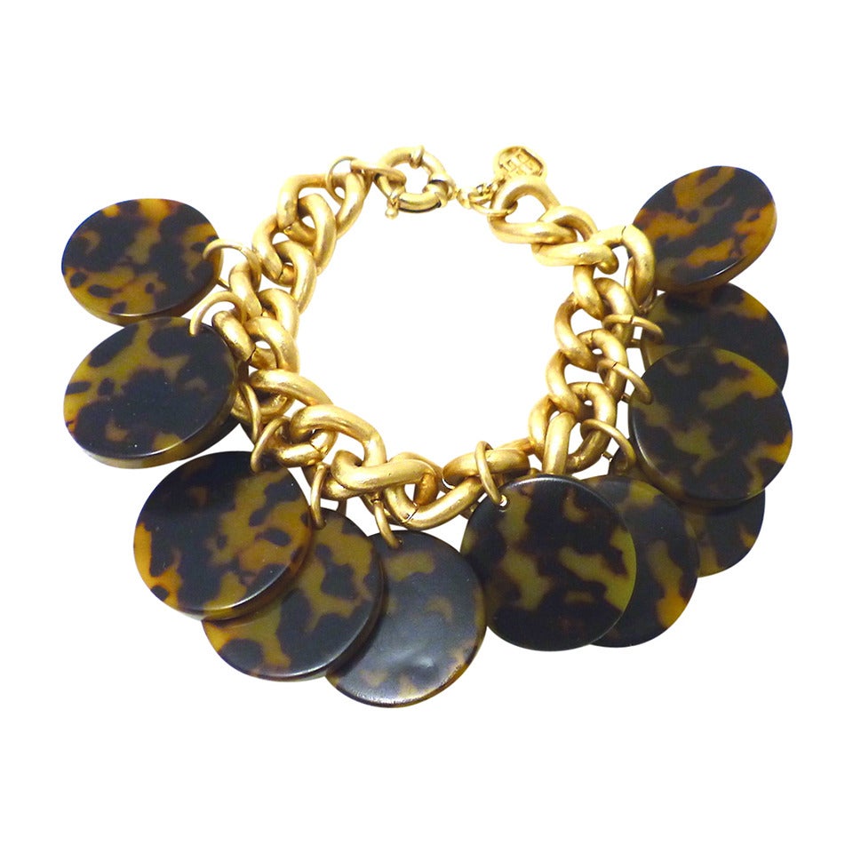 Vintage Signed Givenchy Multi-Disc Faux Tortoise Shell Link Bracelet For Sale at 1stDibs