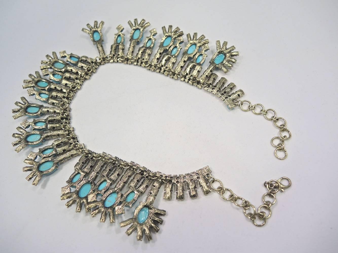 Vintage Faux Turquoise And Rhinestone Necklace For Sale at 1stdibs