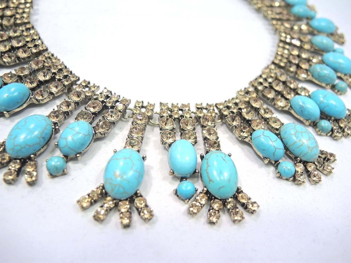 Vintage Faux Turquoise And Rhinestone Necklace For Sale at 1stdibs