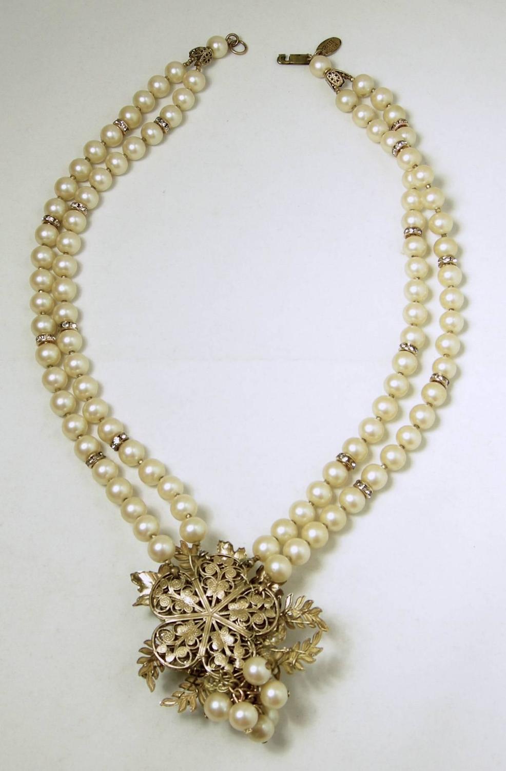 Vintage Signed Miriam Haskell 2-Strand Faux Pearl Necklace For Sale at ...