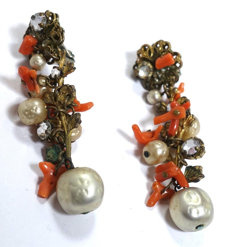 Miriam Haskell Early Vintage Coral and Faux Pearl Drop Earrings at ...