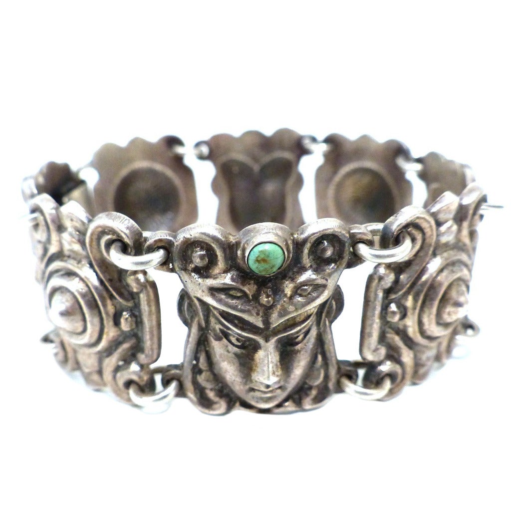 Vintage Signed Mexico Turquoise and Silver Faces Bracelet at 1stDibs