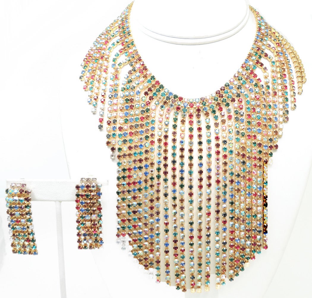 Vintage Huge Signed Kramer Multi-Color Rhinestone Waterfall Necklace ...
