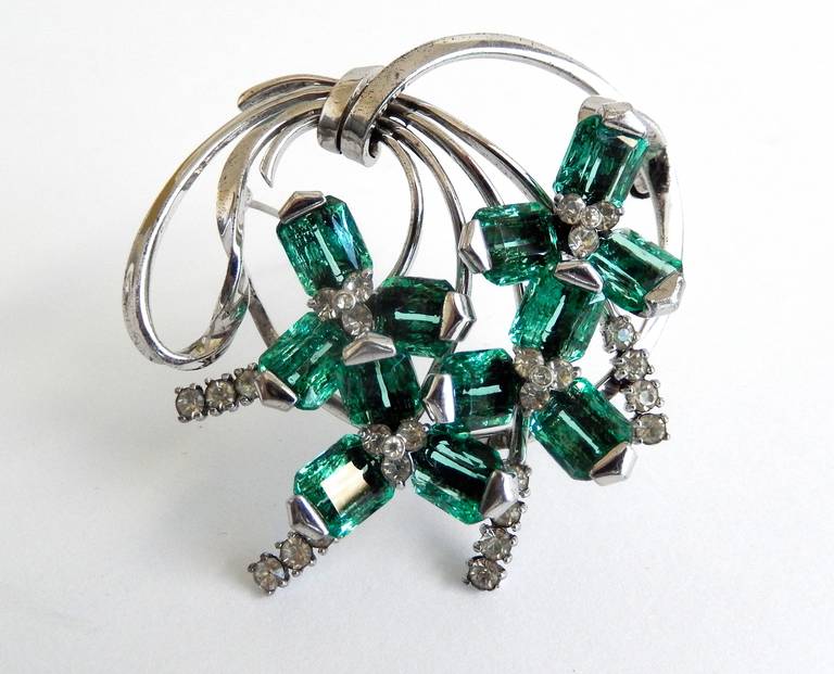 1940s Pennino Sterling and Rhinestone Floral Pin at 1stDibs