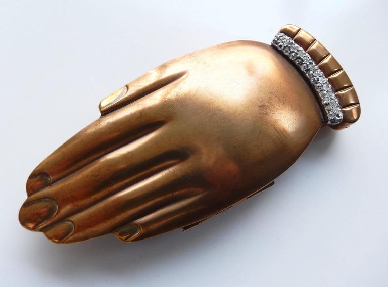 1940s Volupte "Golden Gesture" Compact w/Rhinestone Cuff at 1stDibs