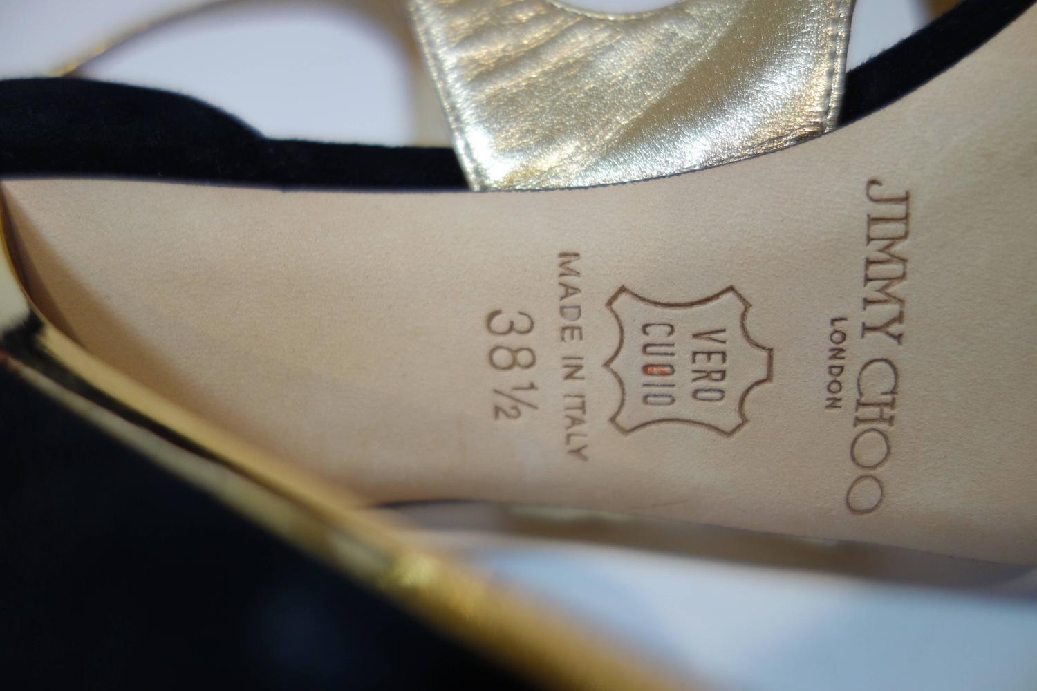 Jimmy Choo Black Suede Gold Leather 'Texas' Sandals 38.5 For Sale at ...