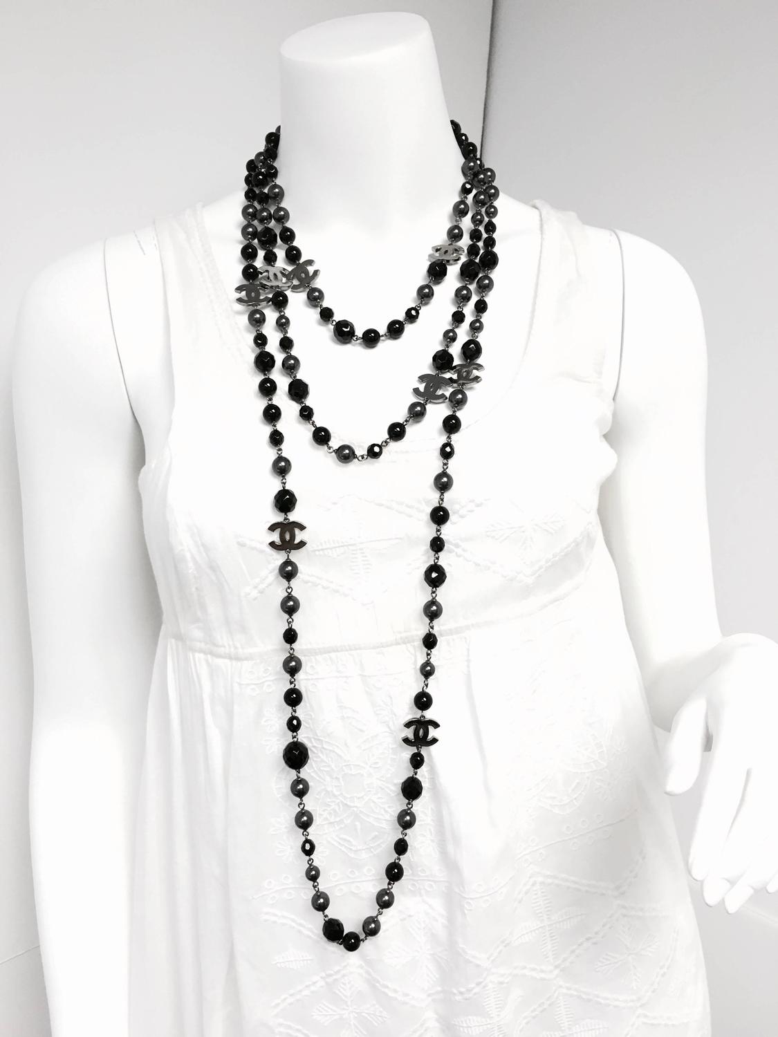 Chanel CC Logo Black Grey Pearl Long Necklace at 1stdibs