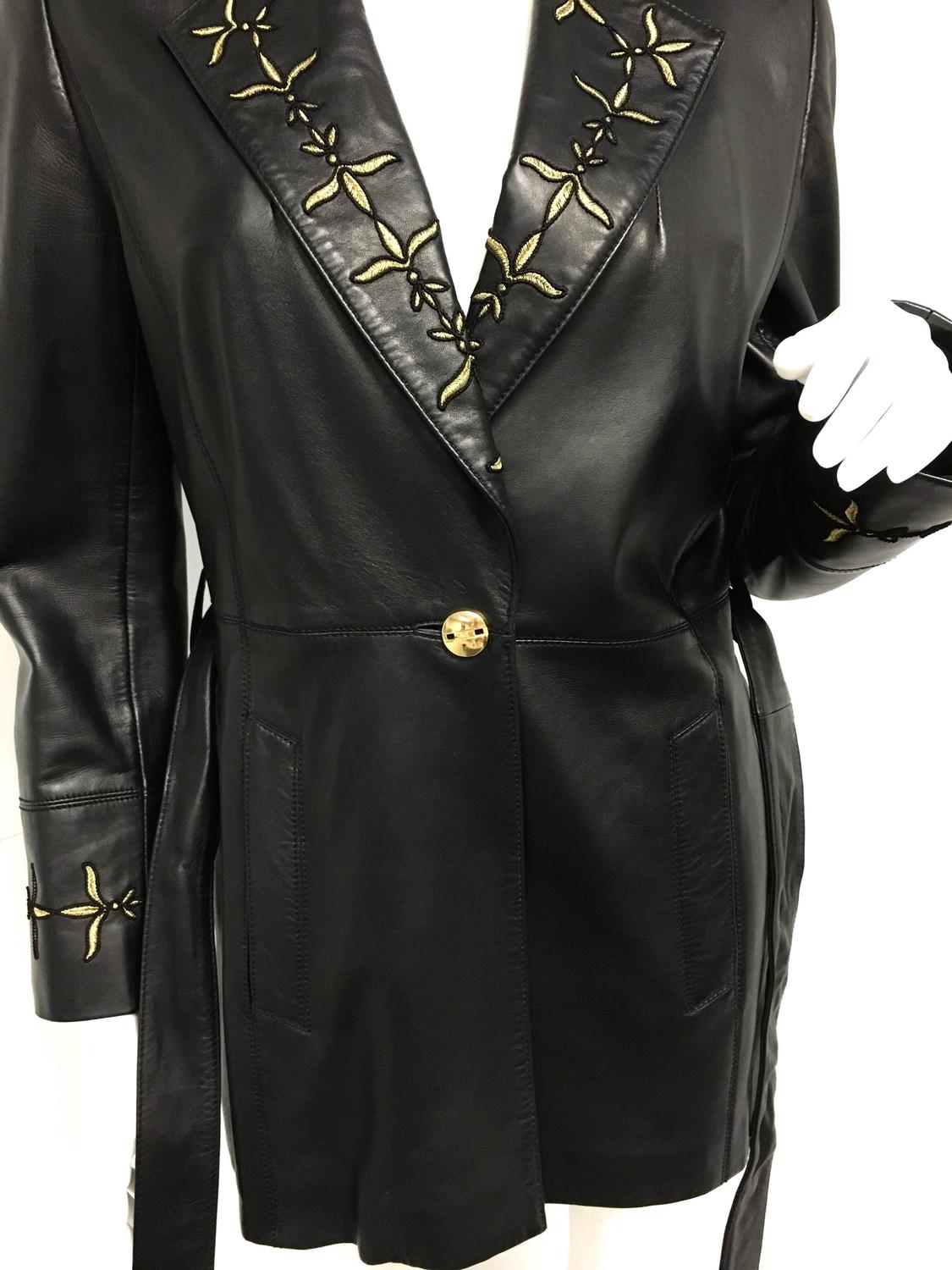 Escada Black Gold Embroidered Leather Belted Jacket New For Sale at 1stdibs