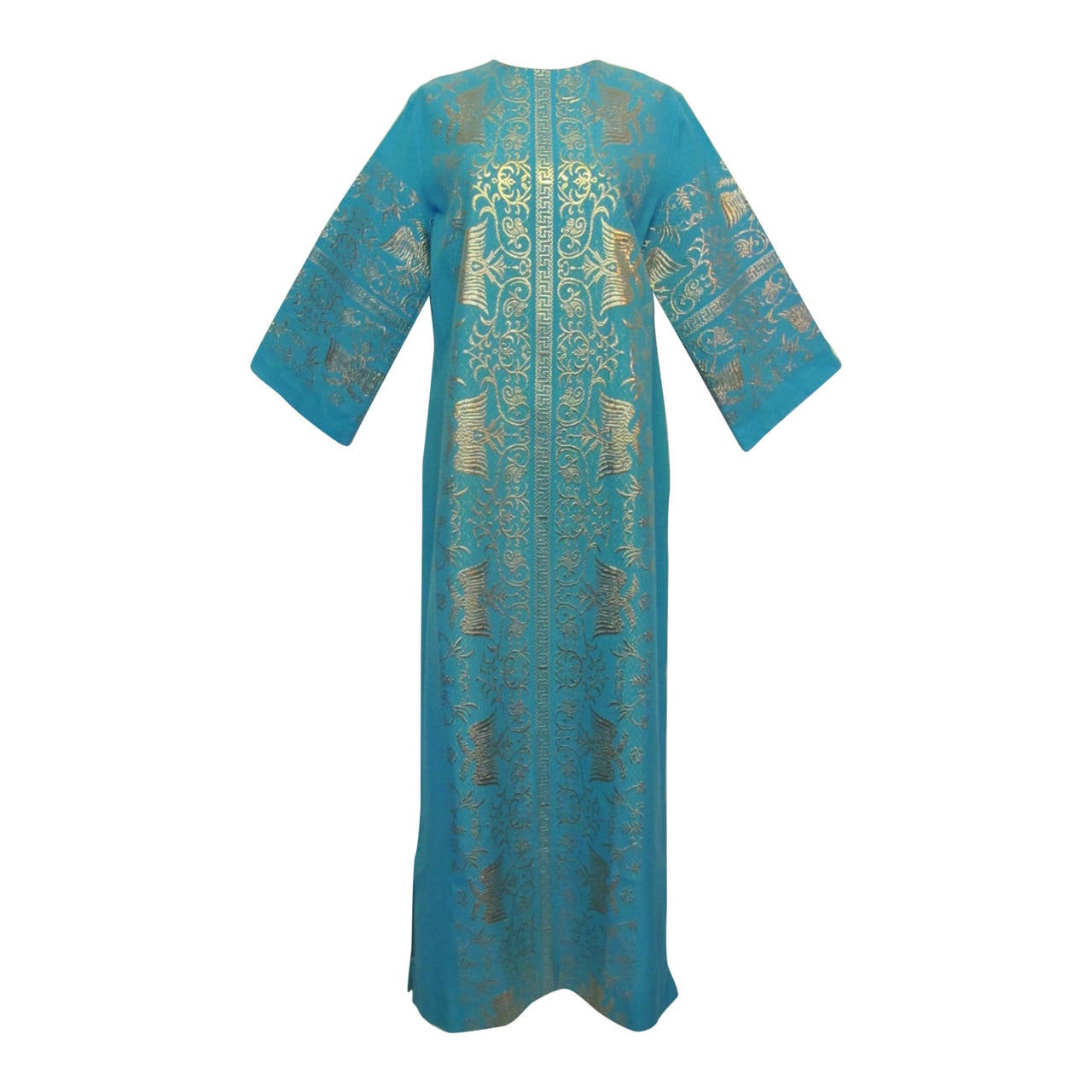 New Vintage AH-Haracopoulos Greek Turquoise Blue Caftan For Sale at 1stDibs