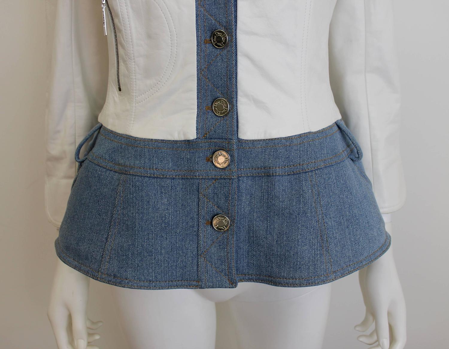 Christian Dior SS 2005 White Leather and Denim Jacket For Sale at 1stdibs