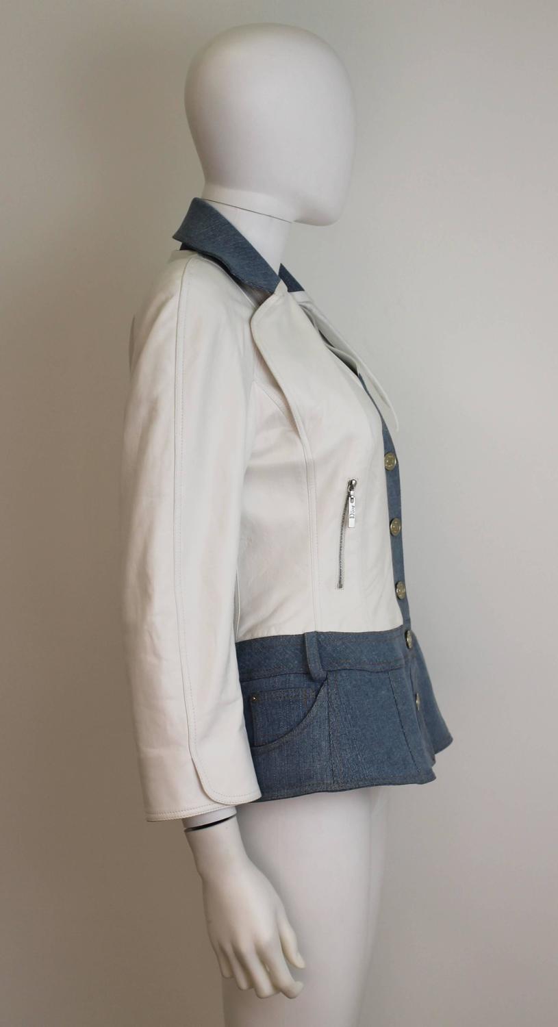 Christian Dior SS 2005 White Leather and Denim Jacket For Sale at 1stdibs