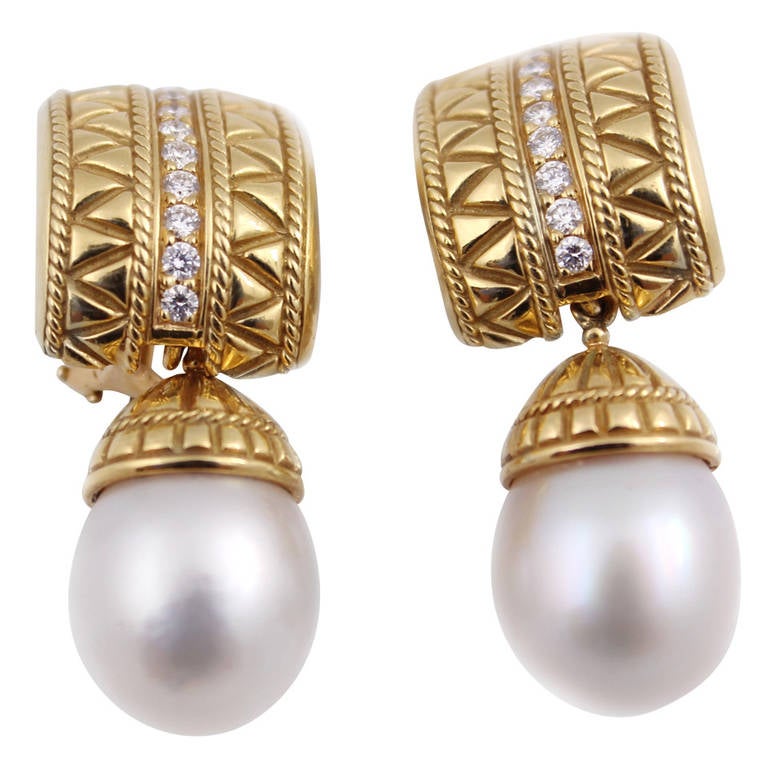 13-13.5mm Pearl Diamond Gold Detachable Dangle Earrings at 1stDibs