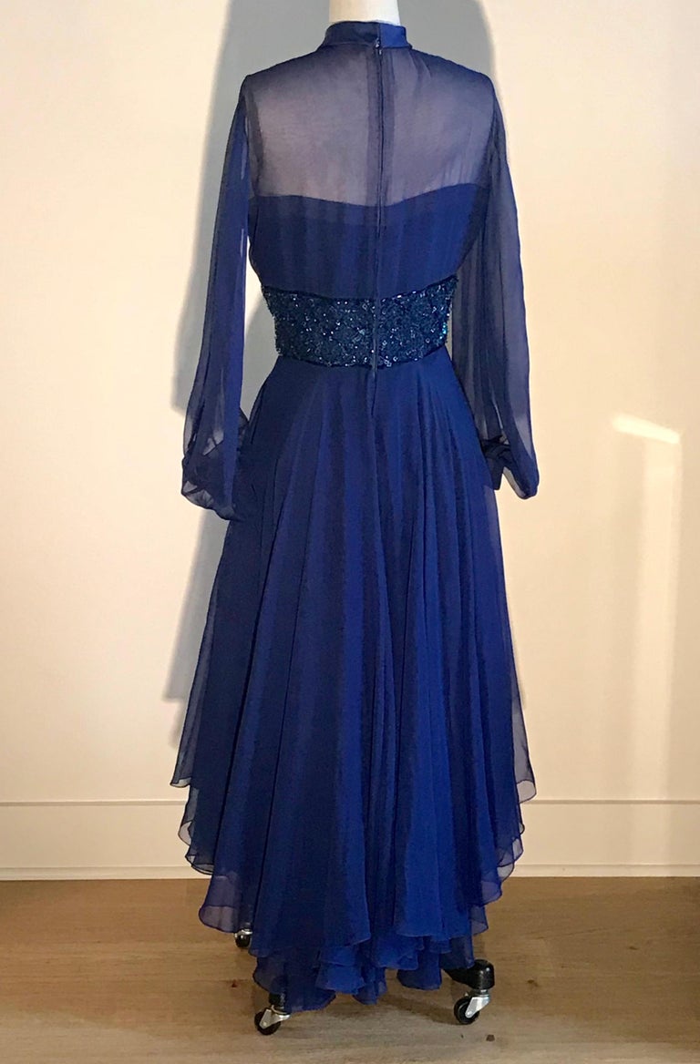 Travilla 1970s Blue Floaty Chiffon Beaded Evening Dress with Sheer ...