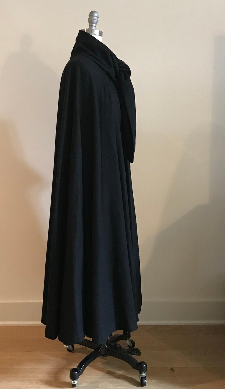 Geoffrey Beene 1970s Black Long Cloak Cape with Tie Neck Scarf Collar ...