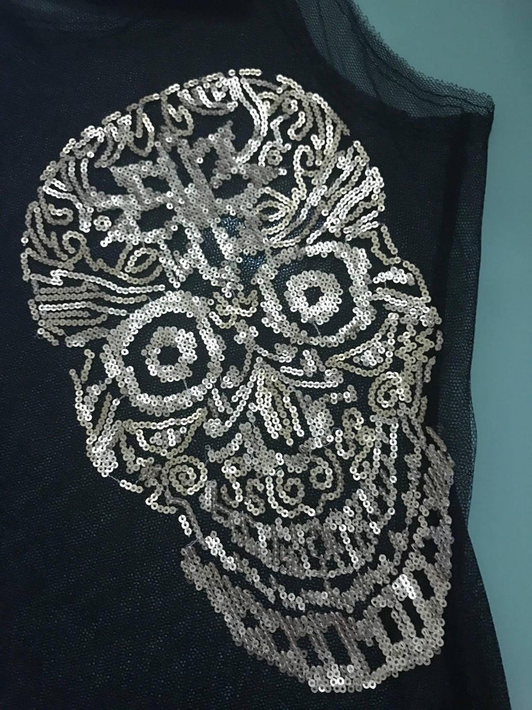 Alexander McQueen Gold Sequin Skull on Black Mesh Top For Sale at ...