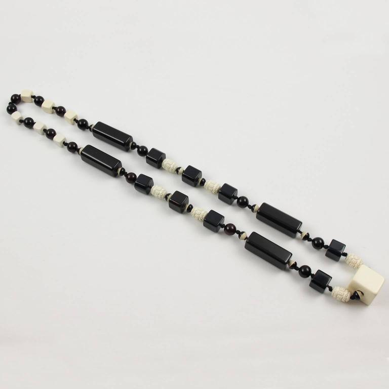 Bakelite Galalith Necklace Extra Long Shape Black and White Carved ...