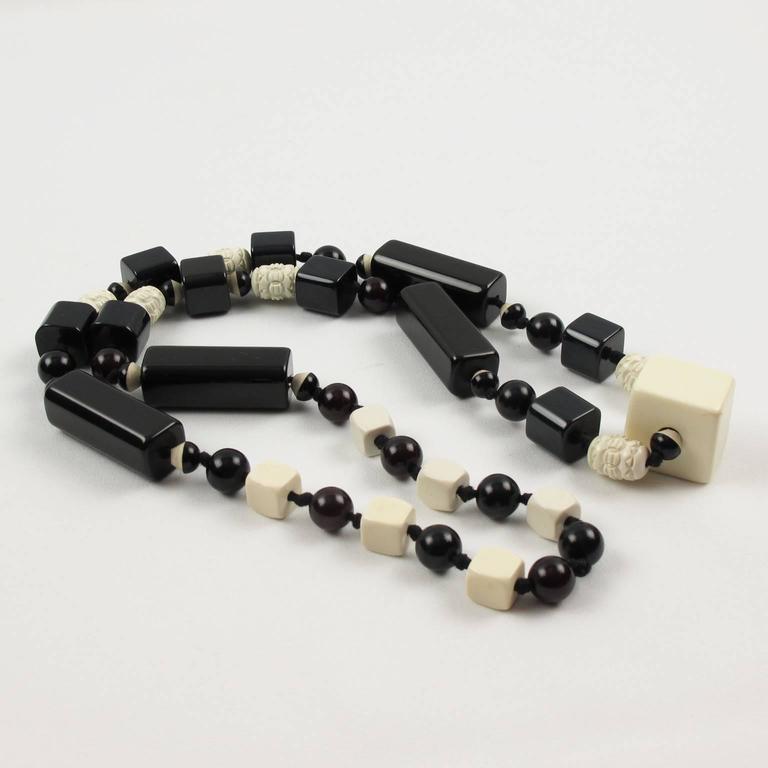Bakelite Galalith Necklace Extra Long Shape Black and White Carved ...