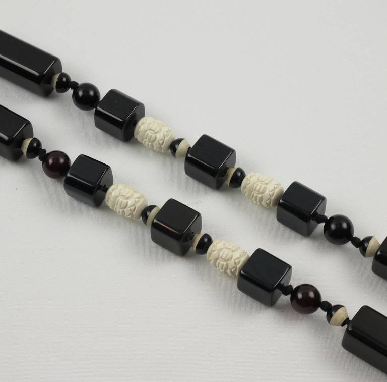 Bakelite Galalith Necklace Extra Long Shape Black and White Carved ...