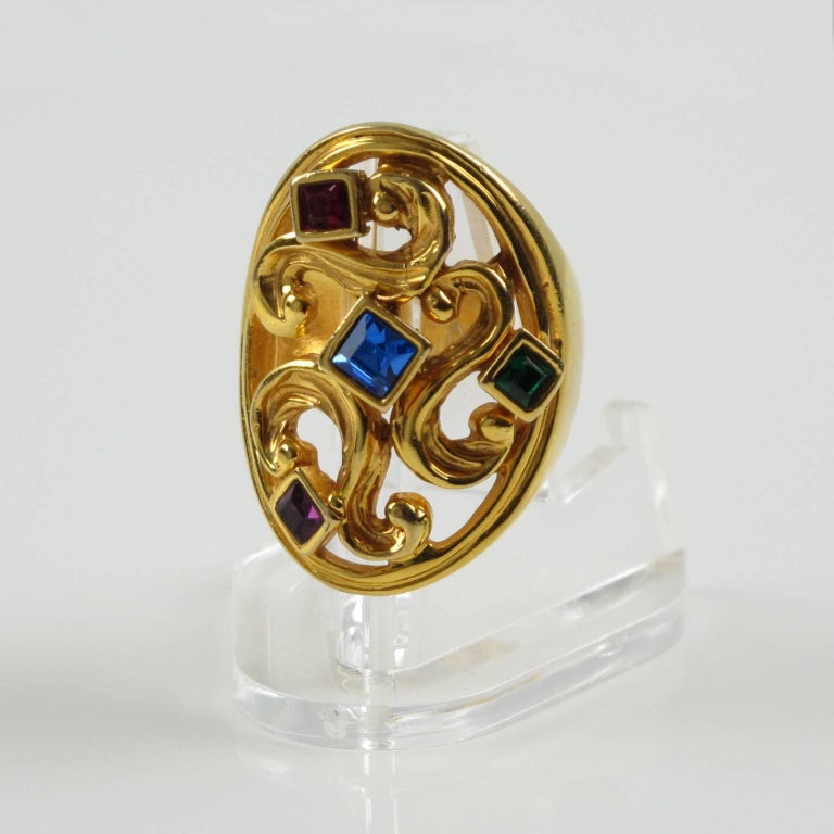 Yves Saint Laurent YSL Gold Plated Cocktail Ring Multicolor Rhinestones ...