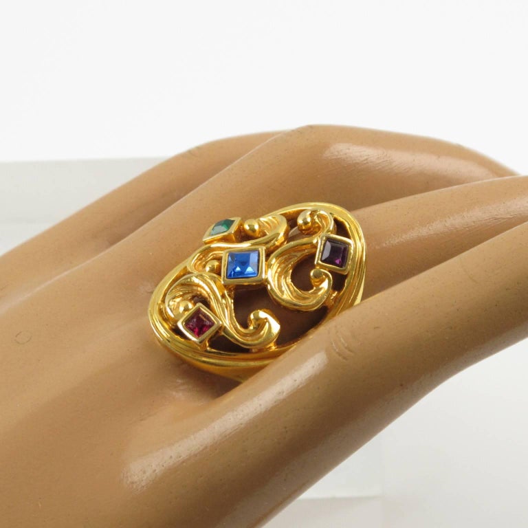 Yves Saint Laurent YSL Gold Plated Cocktail Ring Multicolor Rhinestones ...
