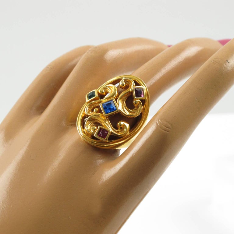 Yves Saint Laurent YSL Gold Plated Cocktail Ring Multicolor Rhinestones ...