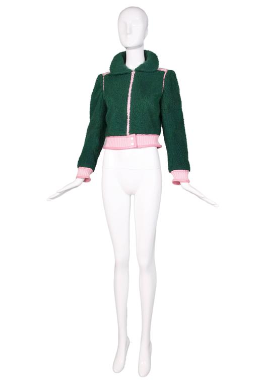 1970's Courreges Green Shearling Jacket W/Pink Leather and Knit Trim at ...