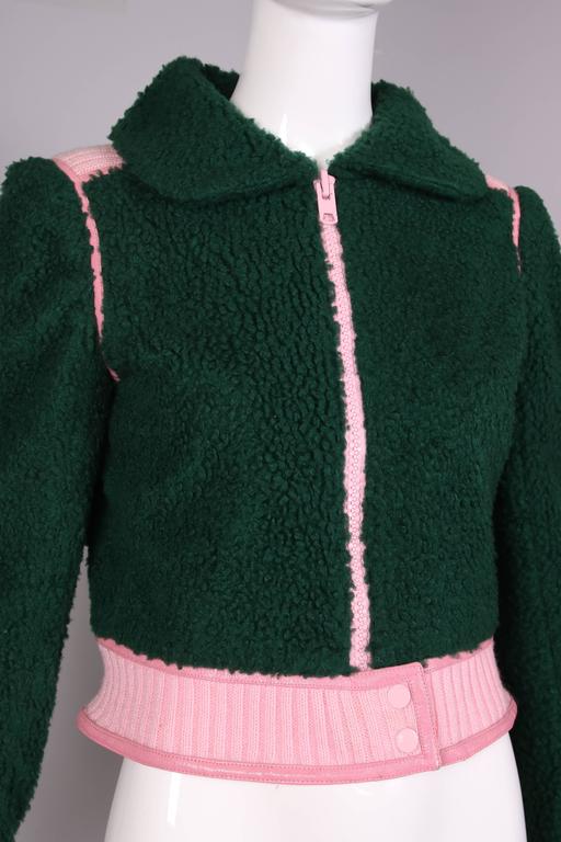 1970's Courreges Green Shearling Jacket W/Pink Leather and Knit Trim at ...