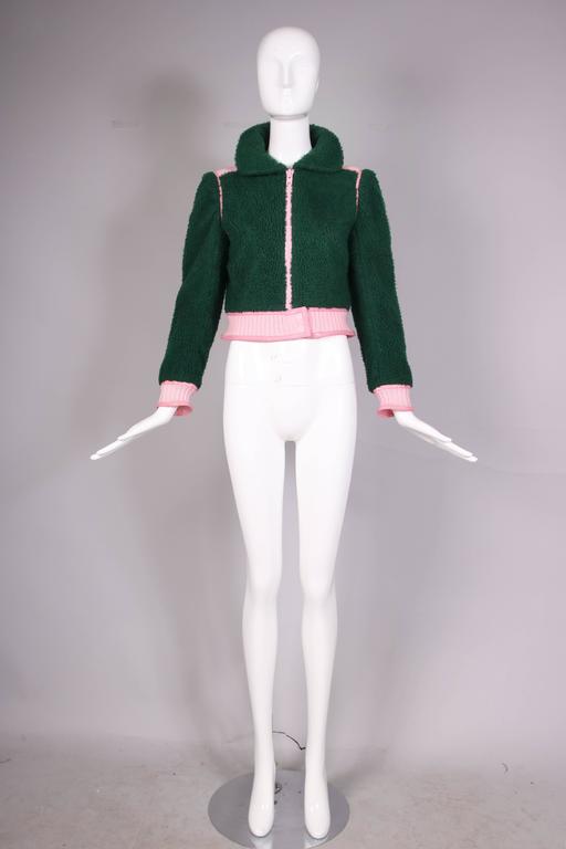 1970's Courreges Green Shearling Jacket W/Pink Leather and Knit Trim at ...