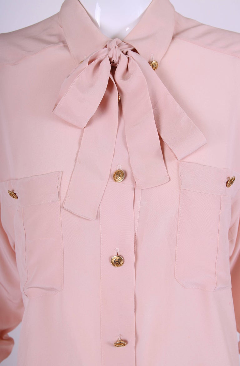 Vintage Chanel Pale Pink Silk Blouse W/Gold-toned CC Logo Buttons at ...