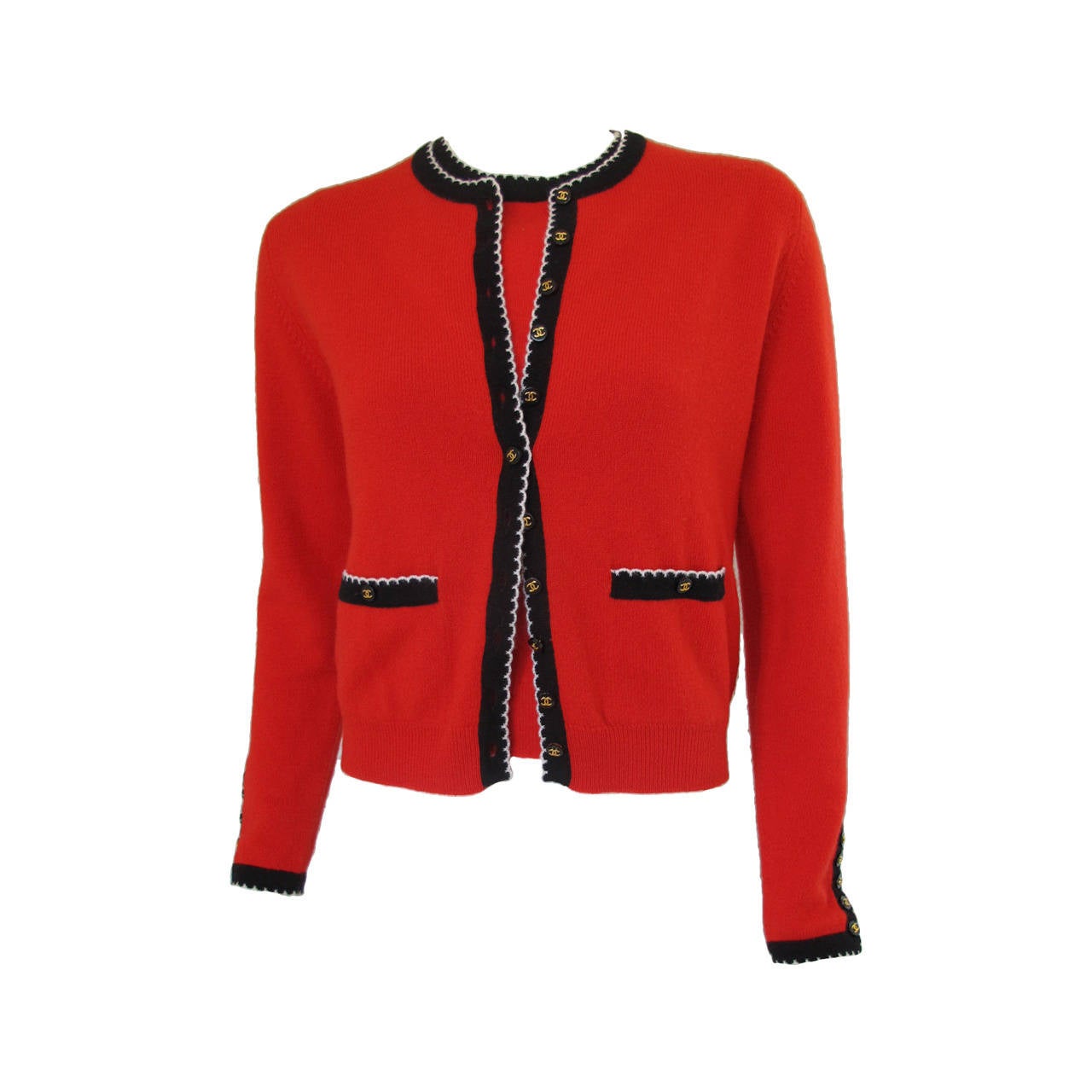 Chanel Red Cashmere Twinset w/Black and White Trim and CC Logo Buttons ...
