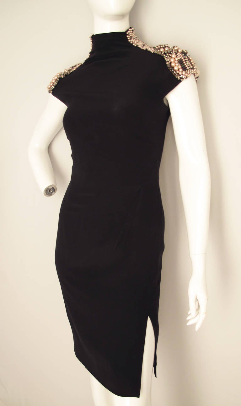 Alberta Ferretti Black Silk Body Hugging Dress W/Beaded Shoulders and ...