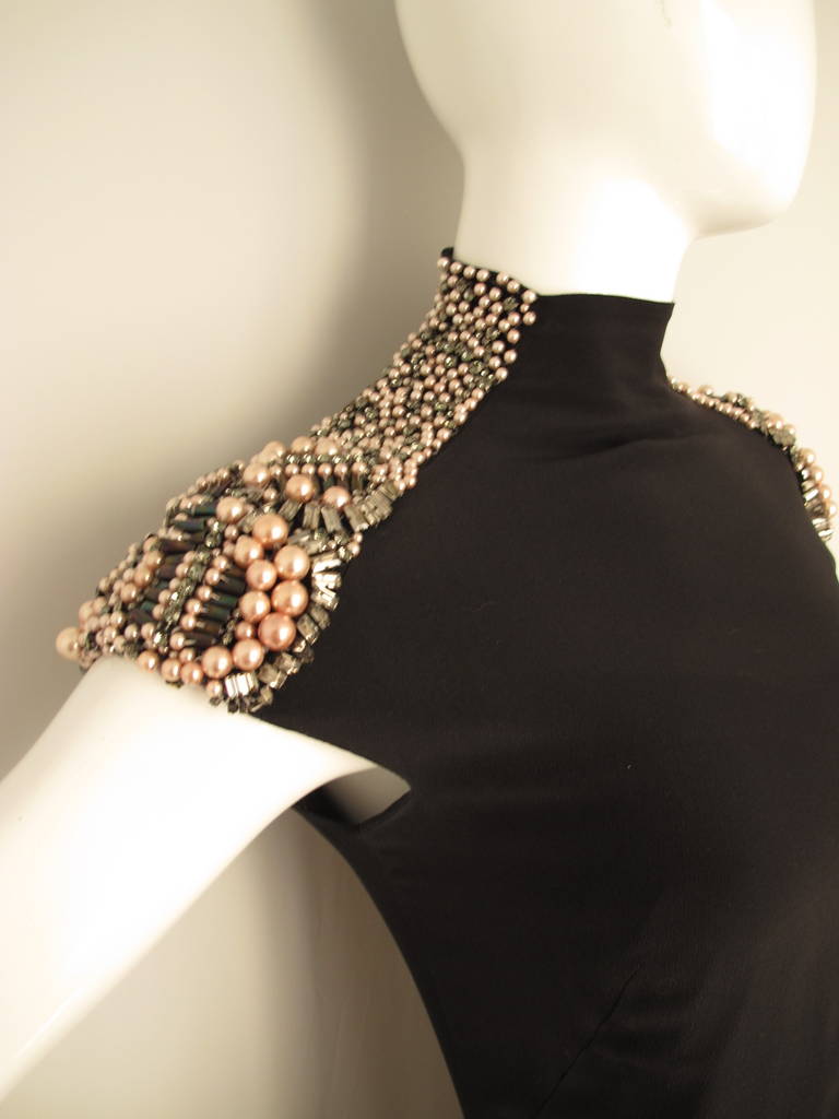 Alberta Ferretti Black Silk Body Hugging Dress W/Beaded Shoulders and ...