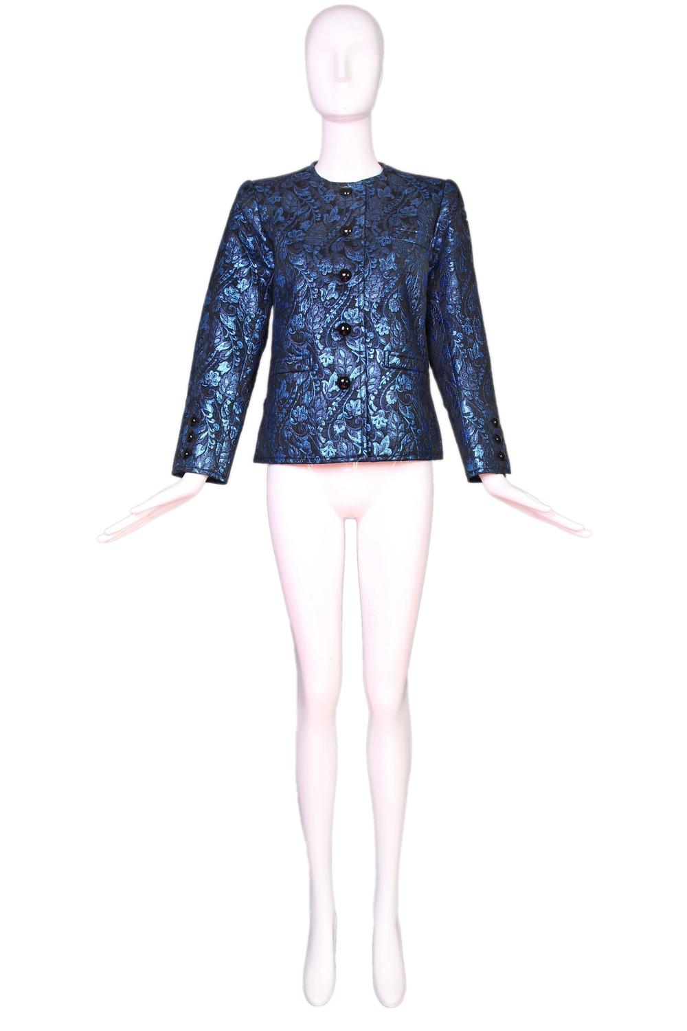 Vintage Yves Saint Laurent YSL Blue Metallic Brocade Jacket For Sale at ...