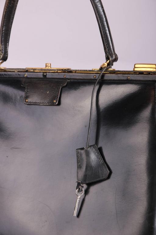 Vintage Hermes Black Leather Top Handle Handbag W/Lock and Key For Sale ...