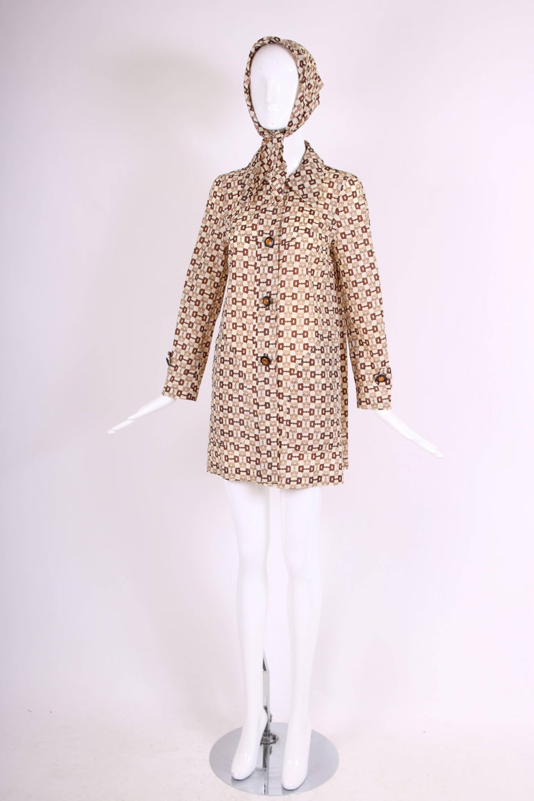 1970's Gucci Horsebit Print Raincoat w/ GG Logo Buttons, Head Scarf and ...