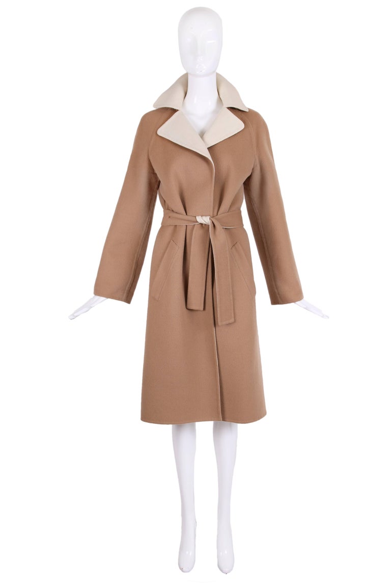 1970's Halston Camel Melton Wool Belted Coat w/Contrast Collar at 1stDibs
