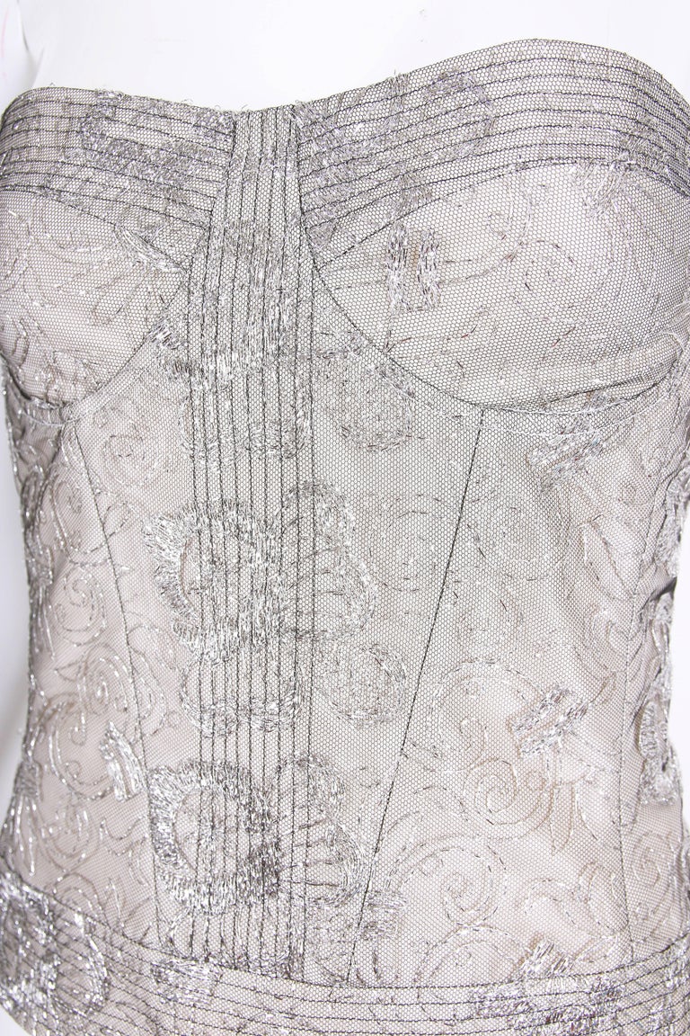 Christian Dior by John Galliano Metallic Silver Embroidered Bustier Top ...