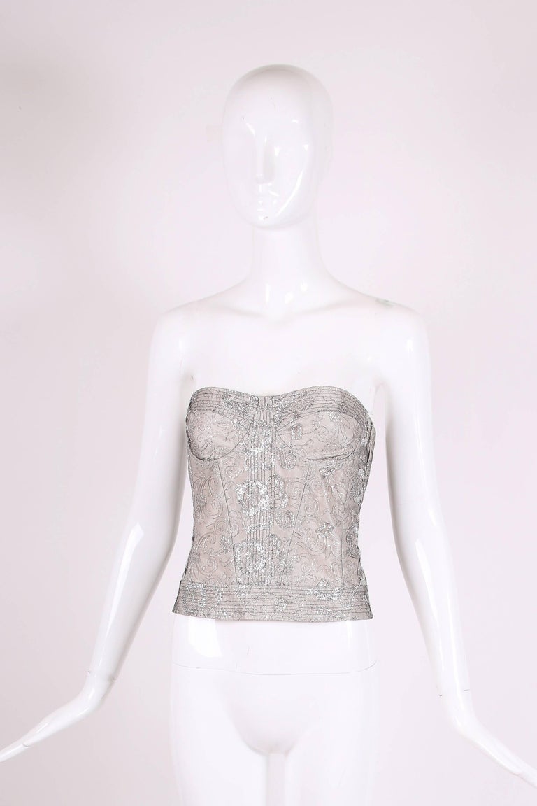 Christian Dior by John Galliano Metallic Silver Embroidered Bustier Top ...