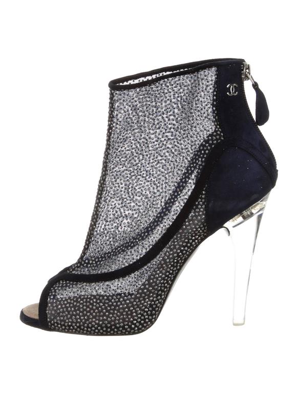 Chanel Mesh and Glitter Embellished Peep Toe Lucite Heels Ankle Boots ...