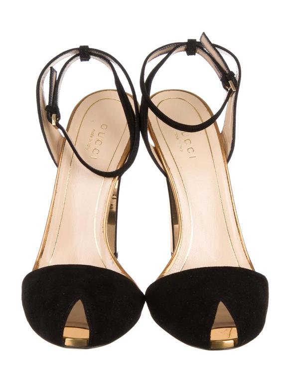 Gucci NEW Black Suede Gold Mirror Strappy High Heels Pumps in Box at ...