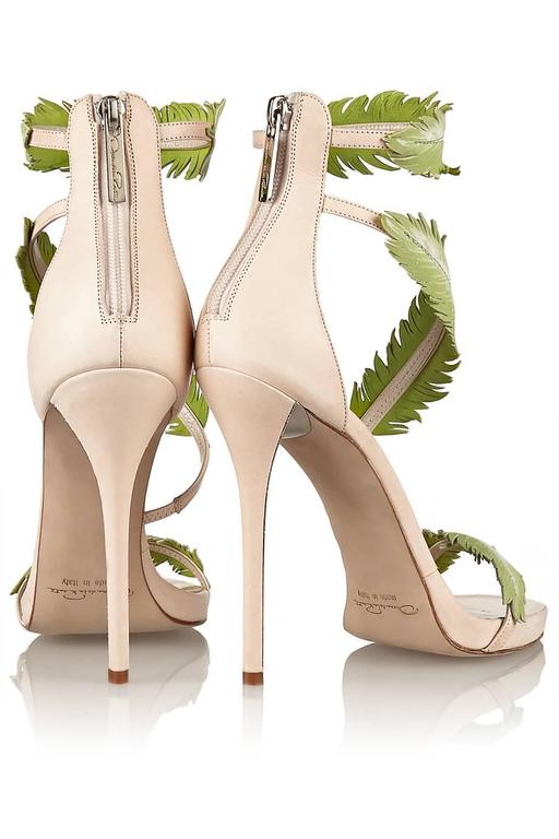 Oscar de la Renta NEW Nude Leather Green Floral Leaf High Heels Sandals ...