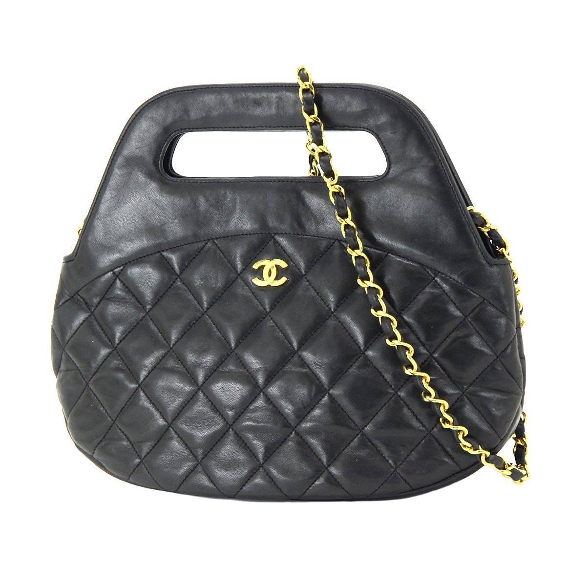 Chanel Black Lambskin Quilted Gold Chain Top Handle Satchel Crossbody ...