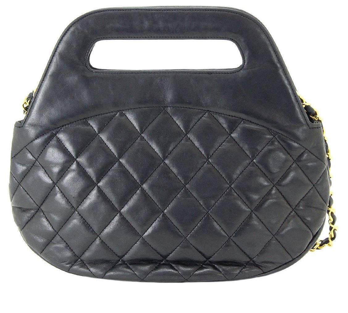 Chanel Black Lambskin Quilted Gold Chain Top Handle Satchel Crossbody ...