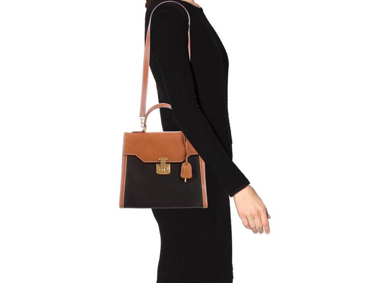 Gucci Vintage Cognac Leather Black Canvas Kelly Top Handle Satchel ...